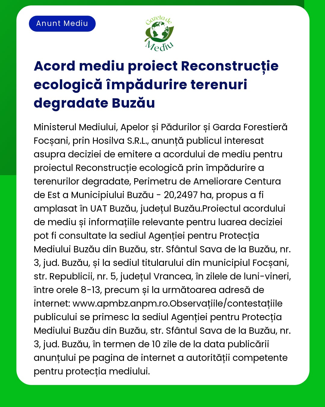 Acord mediu proiect Reconstrucție ecologică împădurire