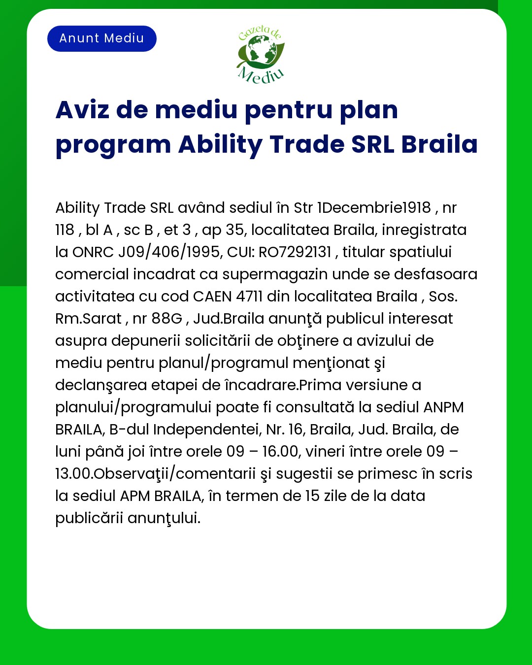 Aviz de mediu pentru plan program Ability Trade SRL Braila