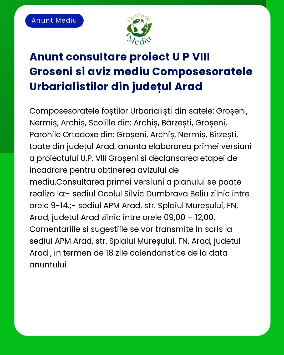 Anunt consultare proiect U P VIII Groseni si aviz mediu