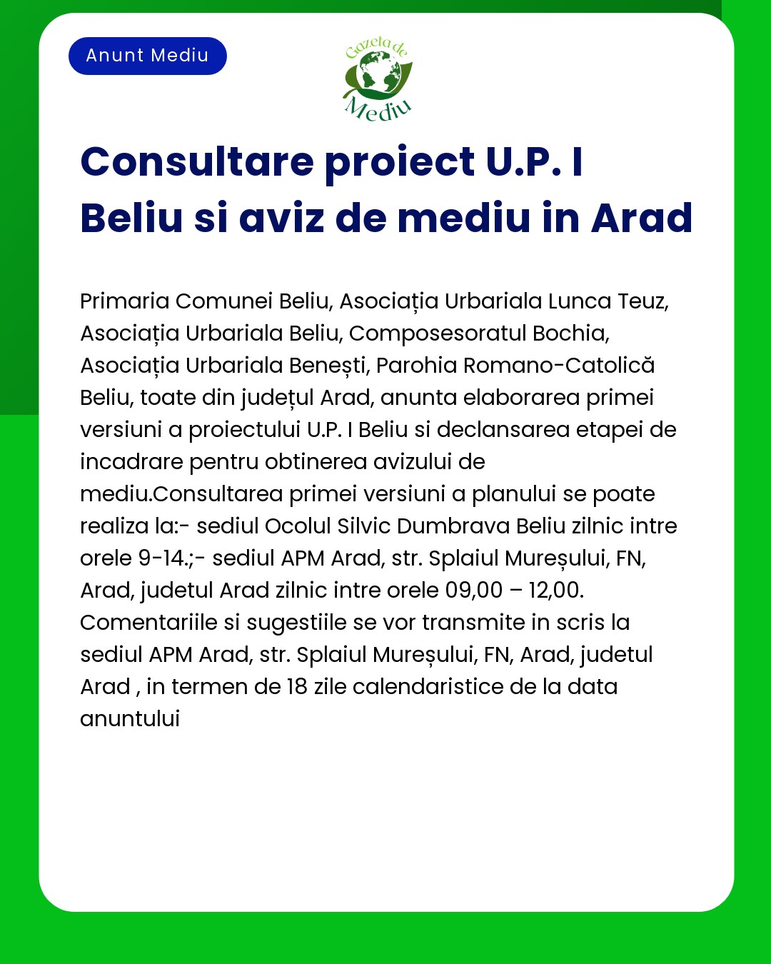 Consultare proiect U.P. I Beliu si aviz de mediu in Arad