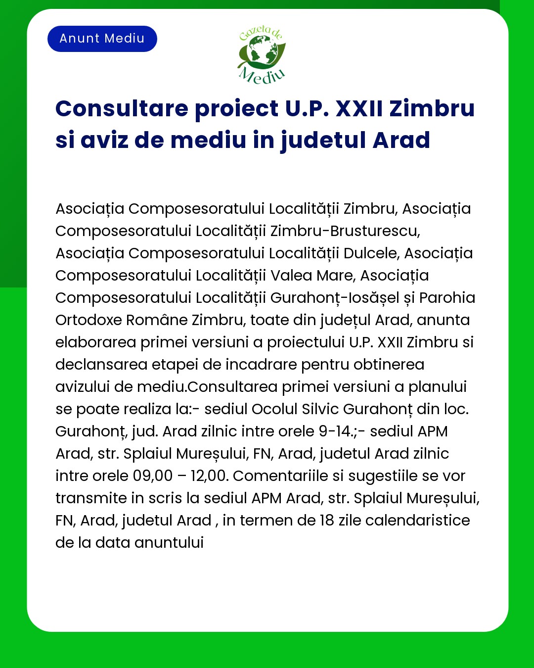 Consultare proiect U.P. XXII Zimbru si aviz de mediu in