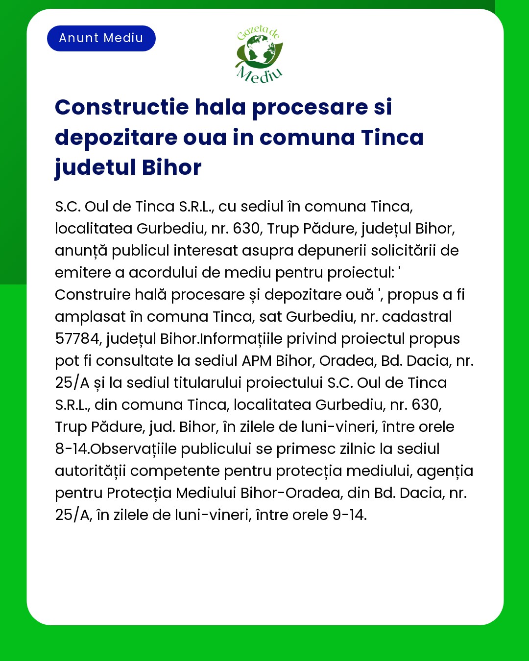 Constructie hala procesare si depozitare oua in comuna Tinca