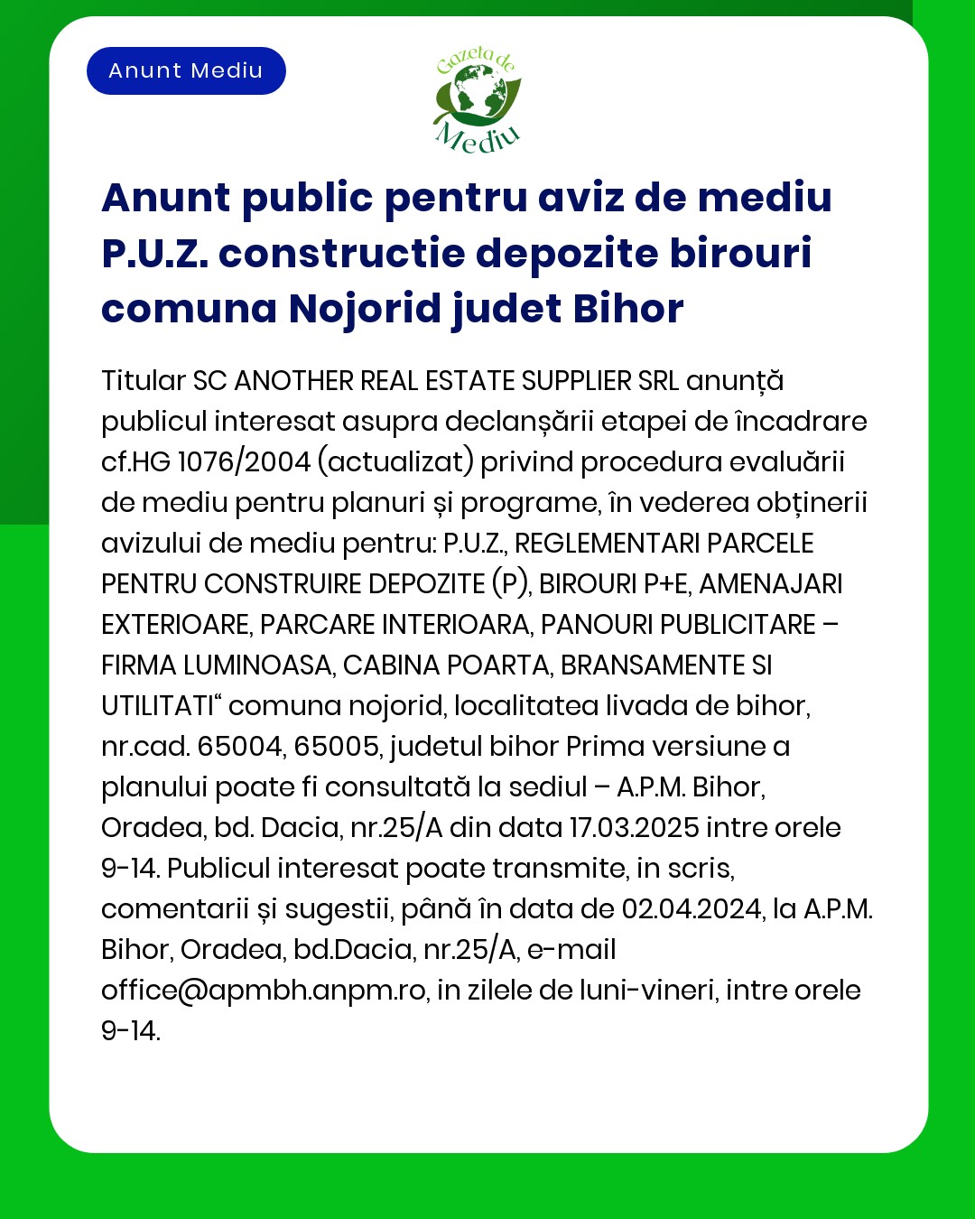Anunt public pentru aviz de mediu P.U.Z. constructie