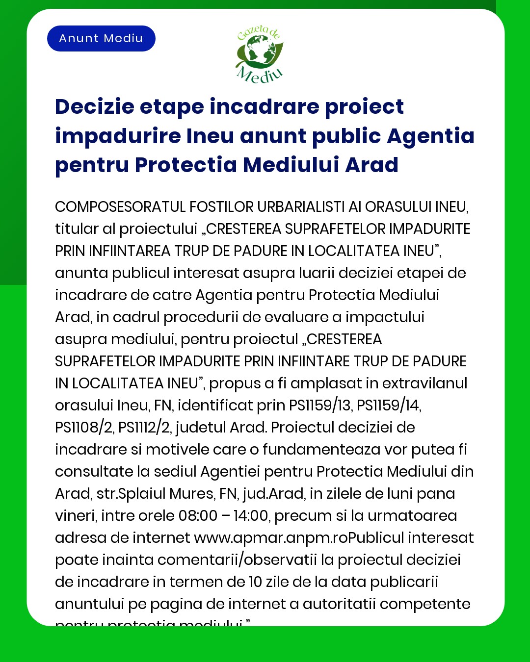 Decizie etape incadrare proiect impadurire Ineu anunt public