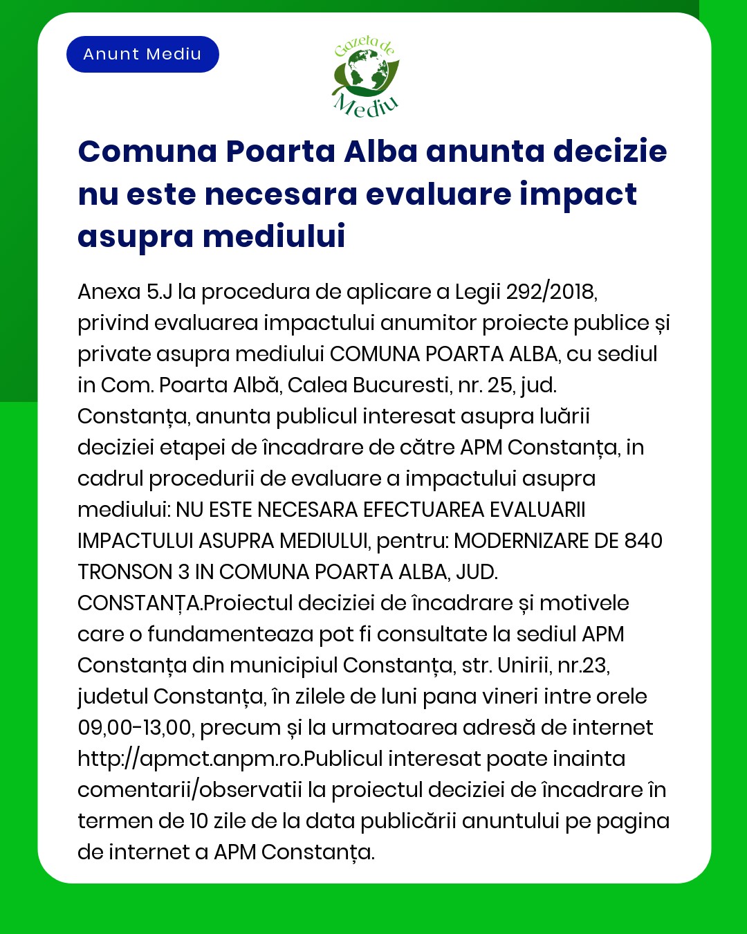 Comuna Poarta Alba anunta decizie nu este necesara evaluare