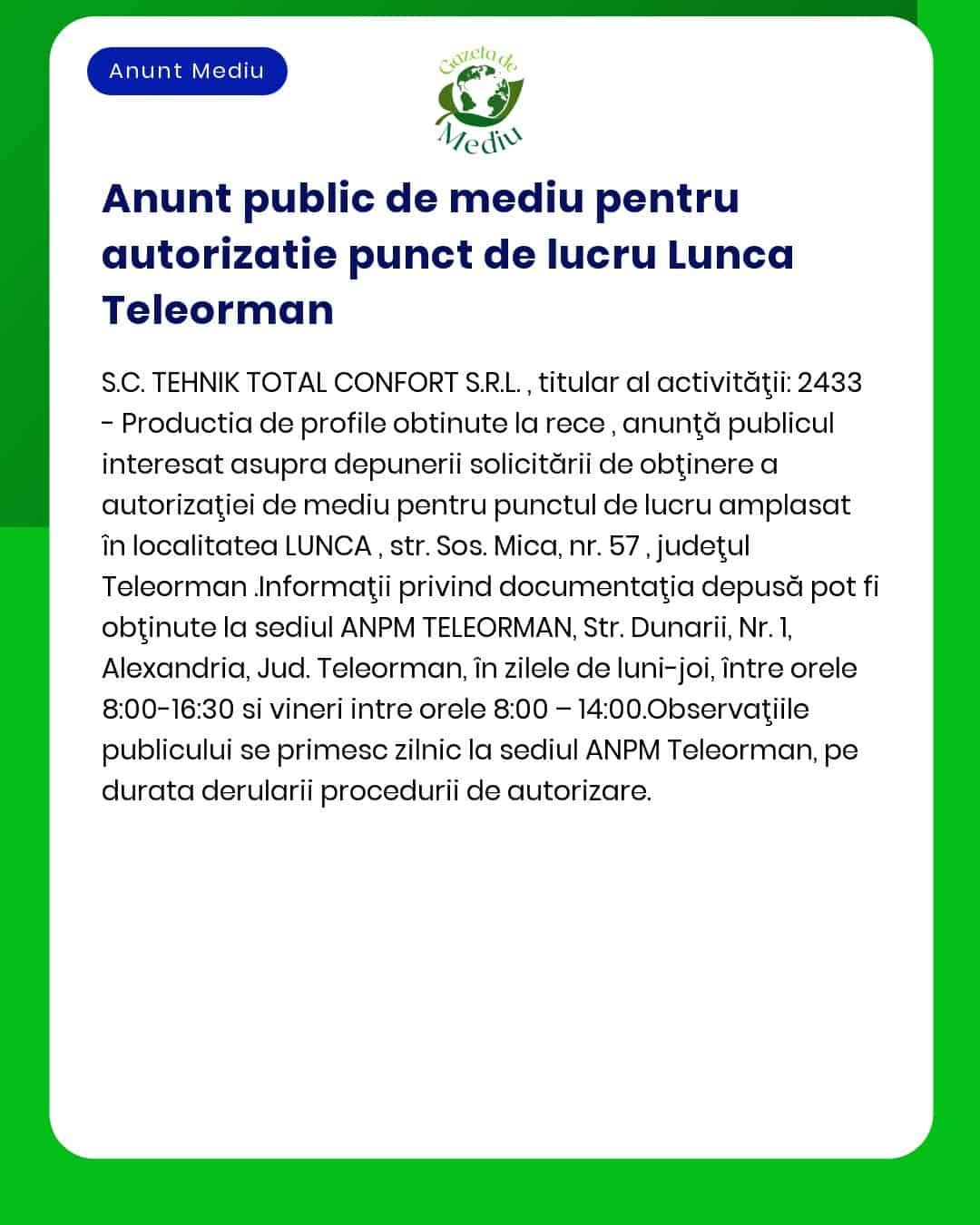 Anunt public de mediu pentru autorizatie punct de lucru