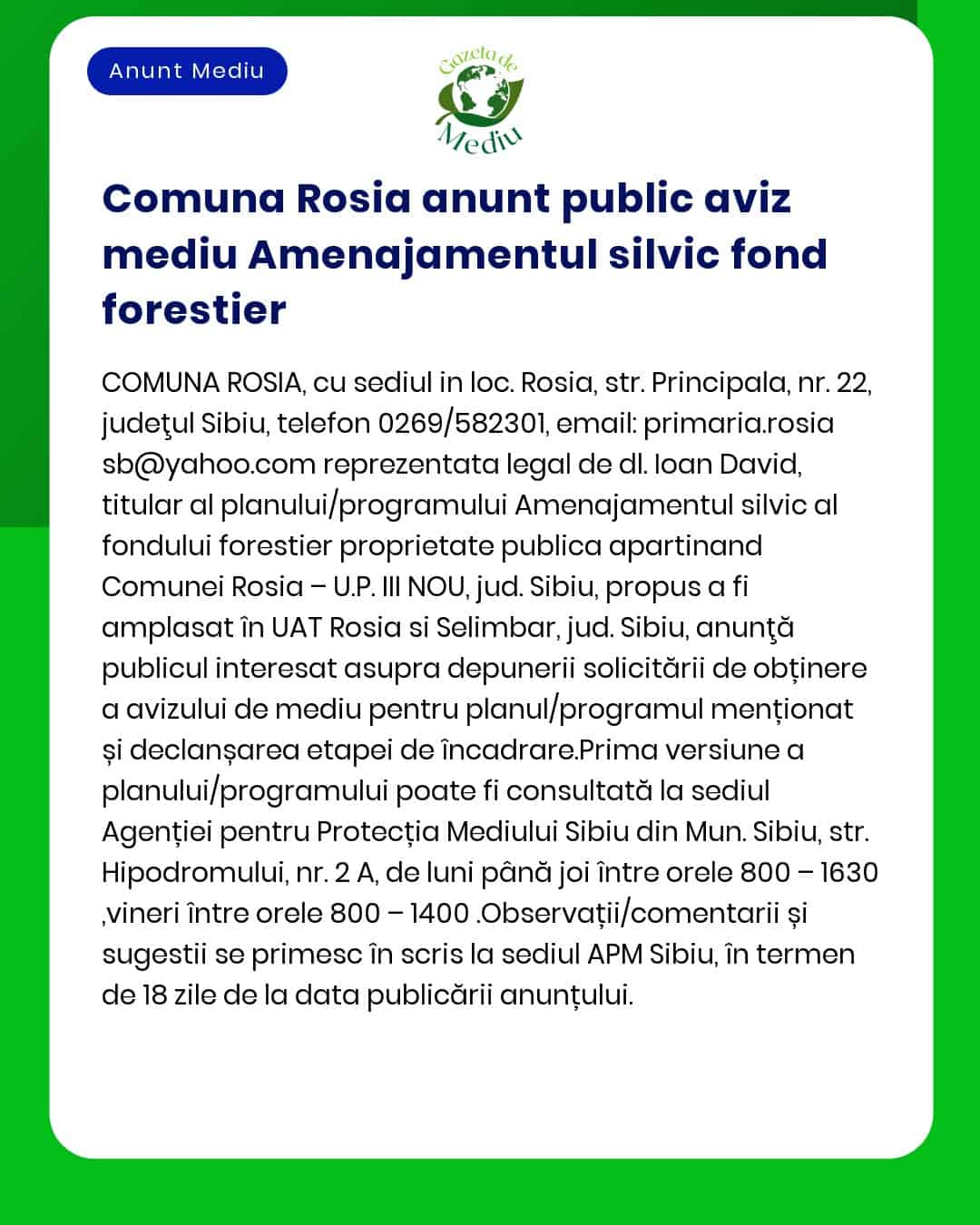 Comuna Rosia anunt public aviz mediu Amenajamentul silvic