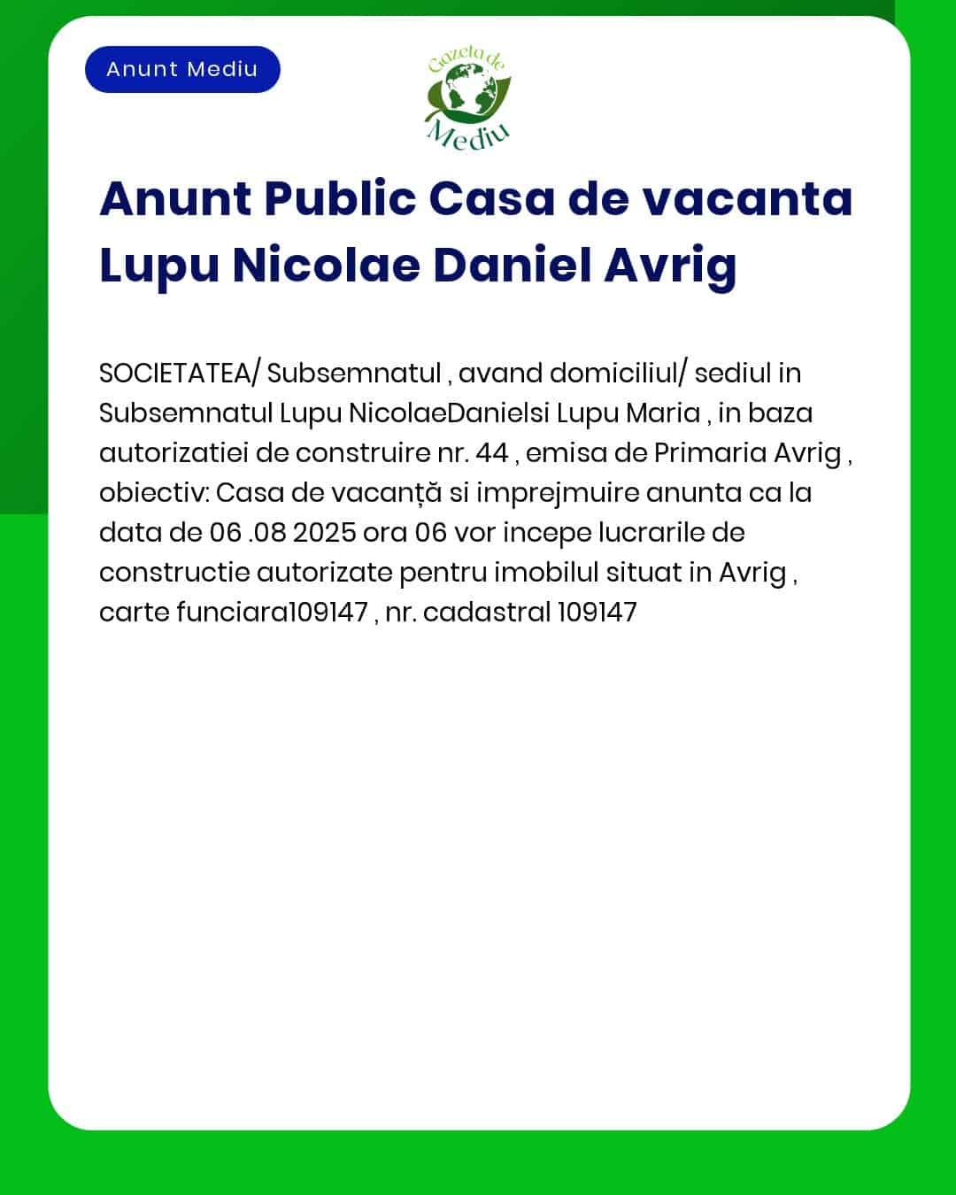 Anunt Public Casa de vacanta Lupu Nicolae Daniel Avrig