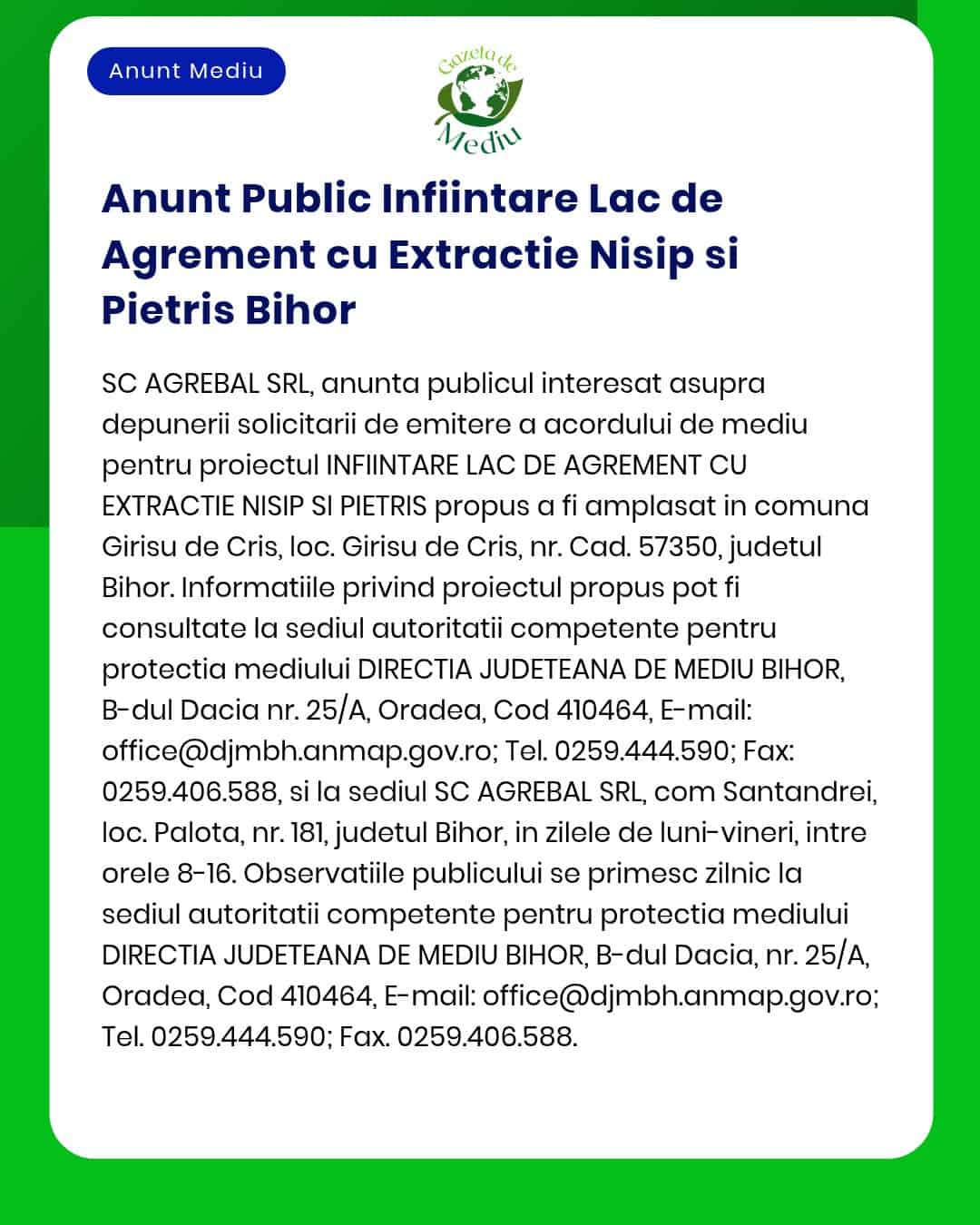 Anunt Public Infiintare Lac de Agrement cu Extractie Nisip