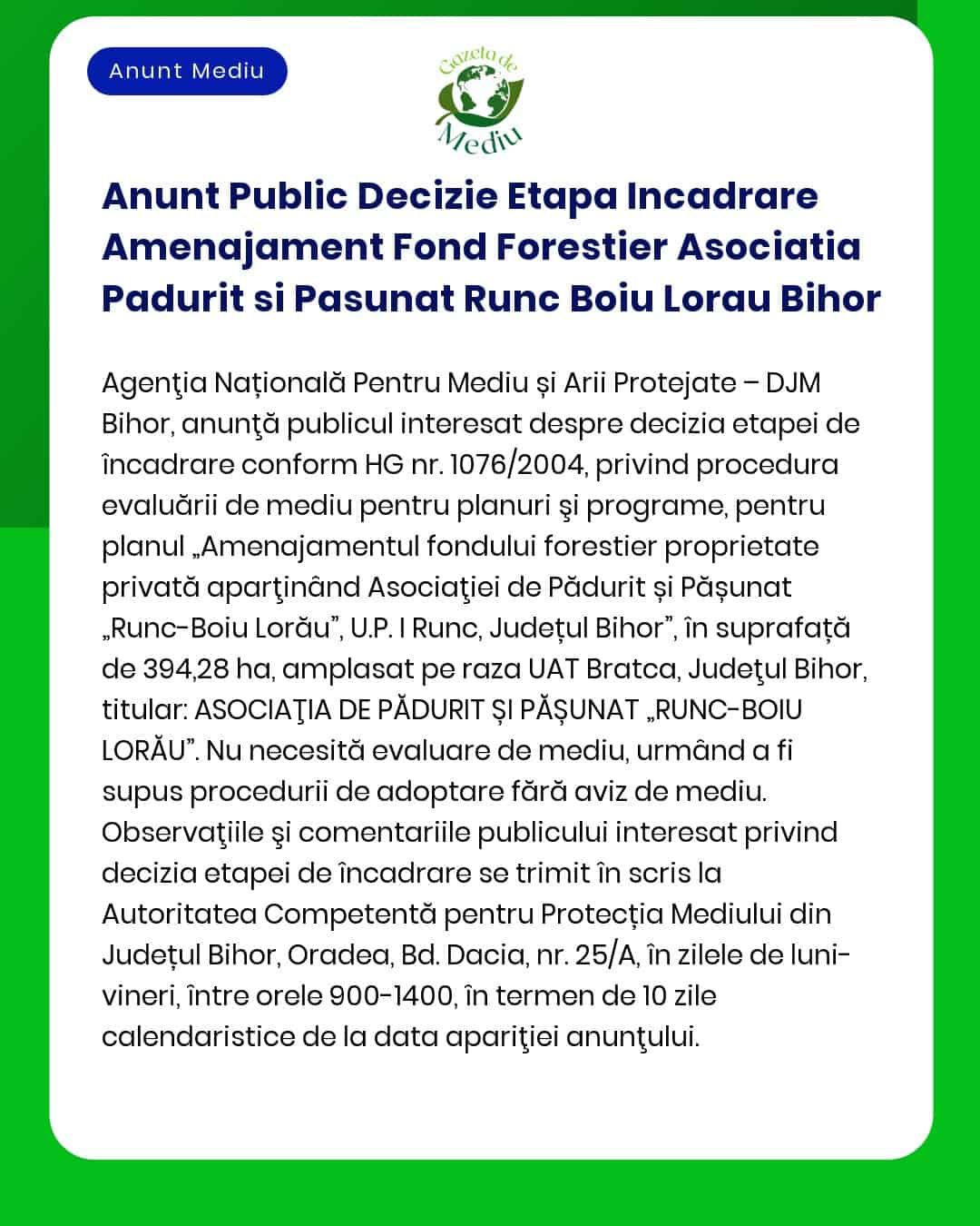 Anunt Public Decizie Etapa Incadrare Amenajament Fond