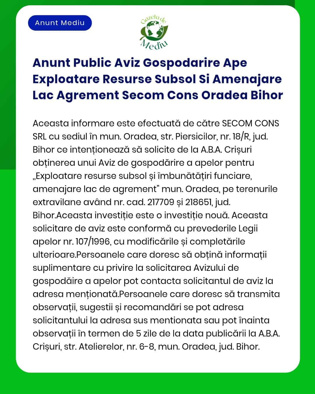 Anunt Public Aviz Gospodarire Ape Exploatare Resurse Subsol