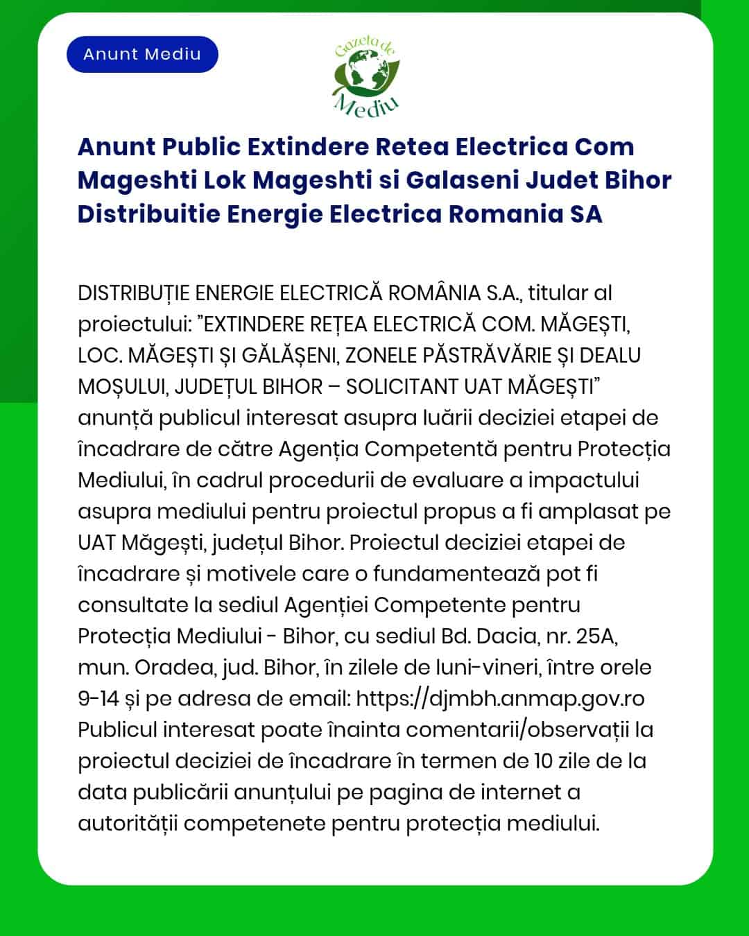 Anunt Public Extindere Retea Electrica Com Mageshti Lok