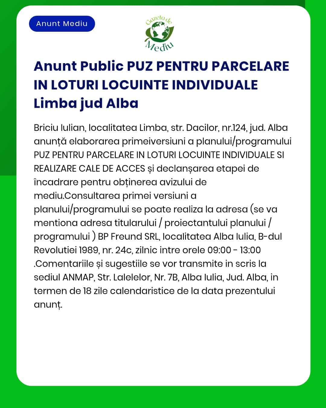 Anunt Public PUZ PENTRU PARCELARE IN LOTURI LOCUINTE