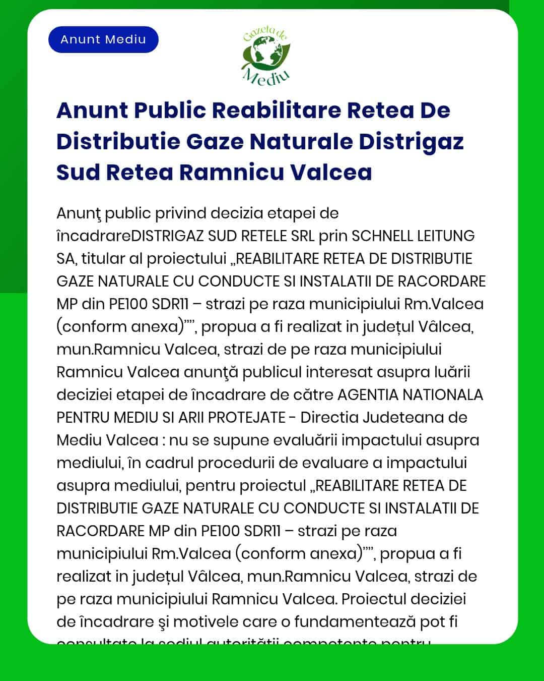 Anunt Public Reabilitare Retea De Distributie Gaze Naturale