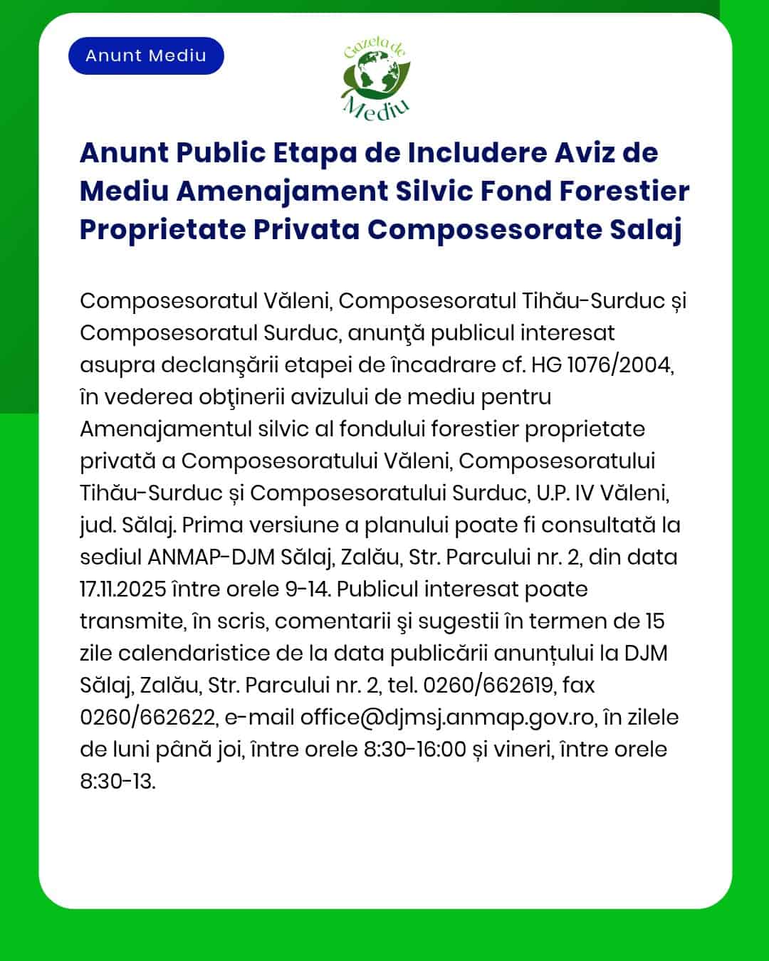 Anunt Public Etapa de Includere Aviz de Mediu Amenajament