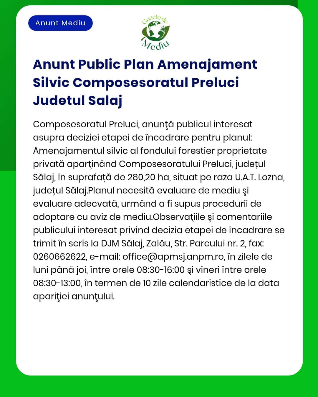 Anunt Public Plan Amenajament Silvic Composesoratul Preluci