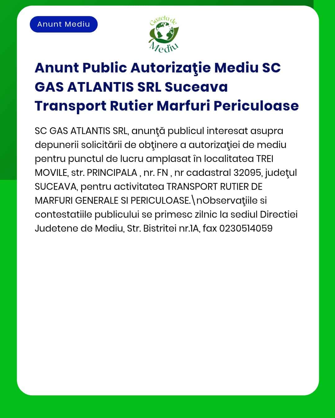 Anunt Public Autorizaţie Mediu SC GAS ATLANTIS SRL Suceava