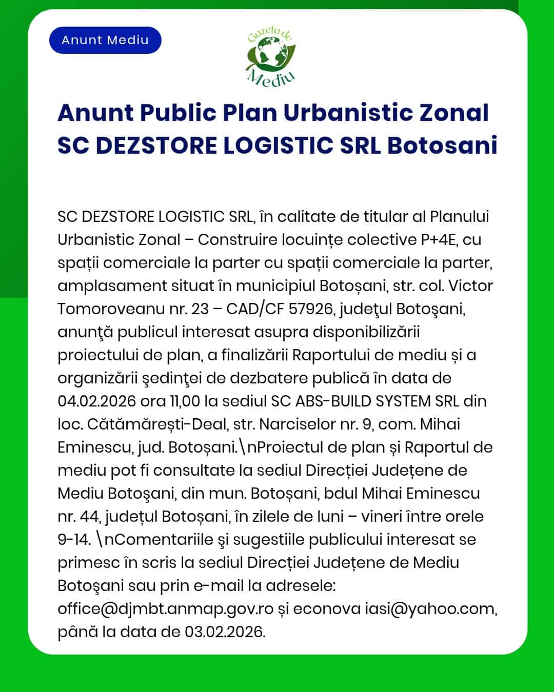 Anunt Public Plan Urbanistic Zonal SC DEZSTORE LOGISTIC SRL
