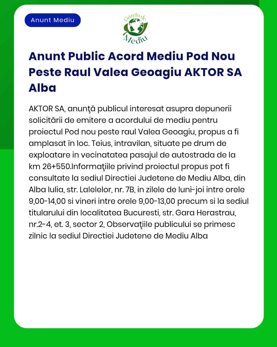 Anunt Public Acord Mediu Pod Nou Peste Raul Valea Geoagiu