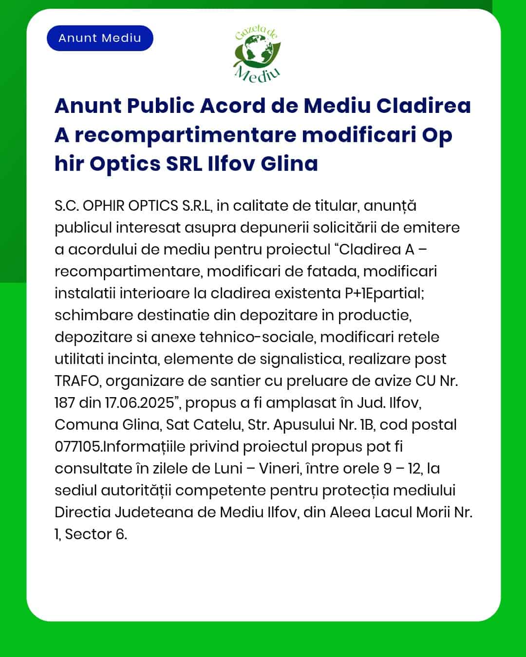 Anunt Public Acord de Mediu Cladirea A recompartimentare