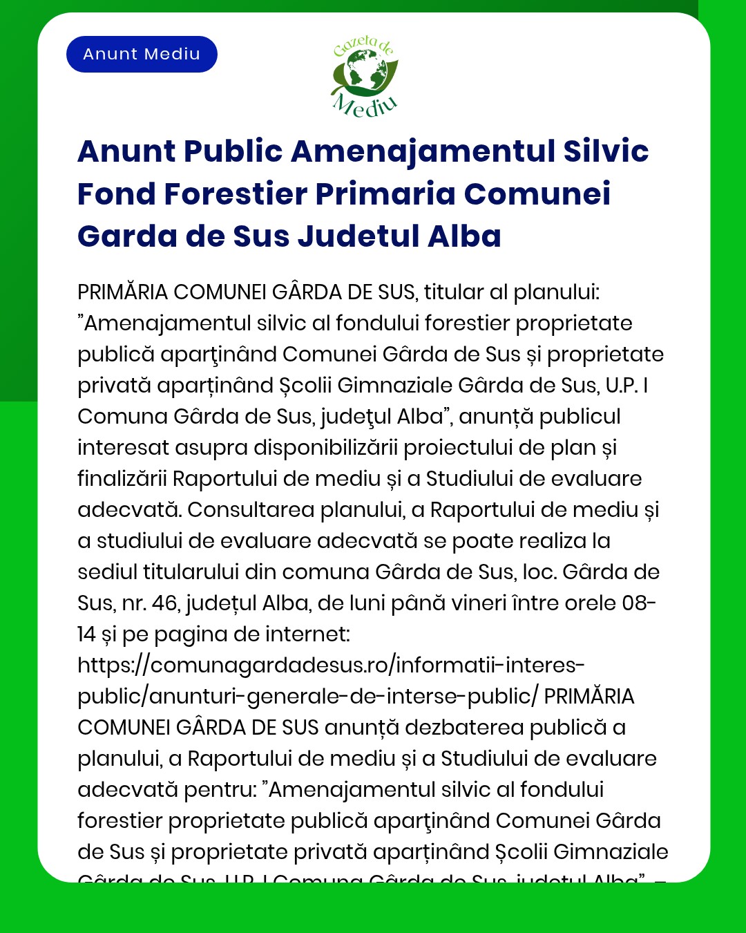 Anunt Public Amenajamentul Silvic Fond Forestier Primaria