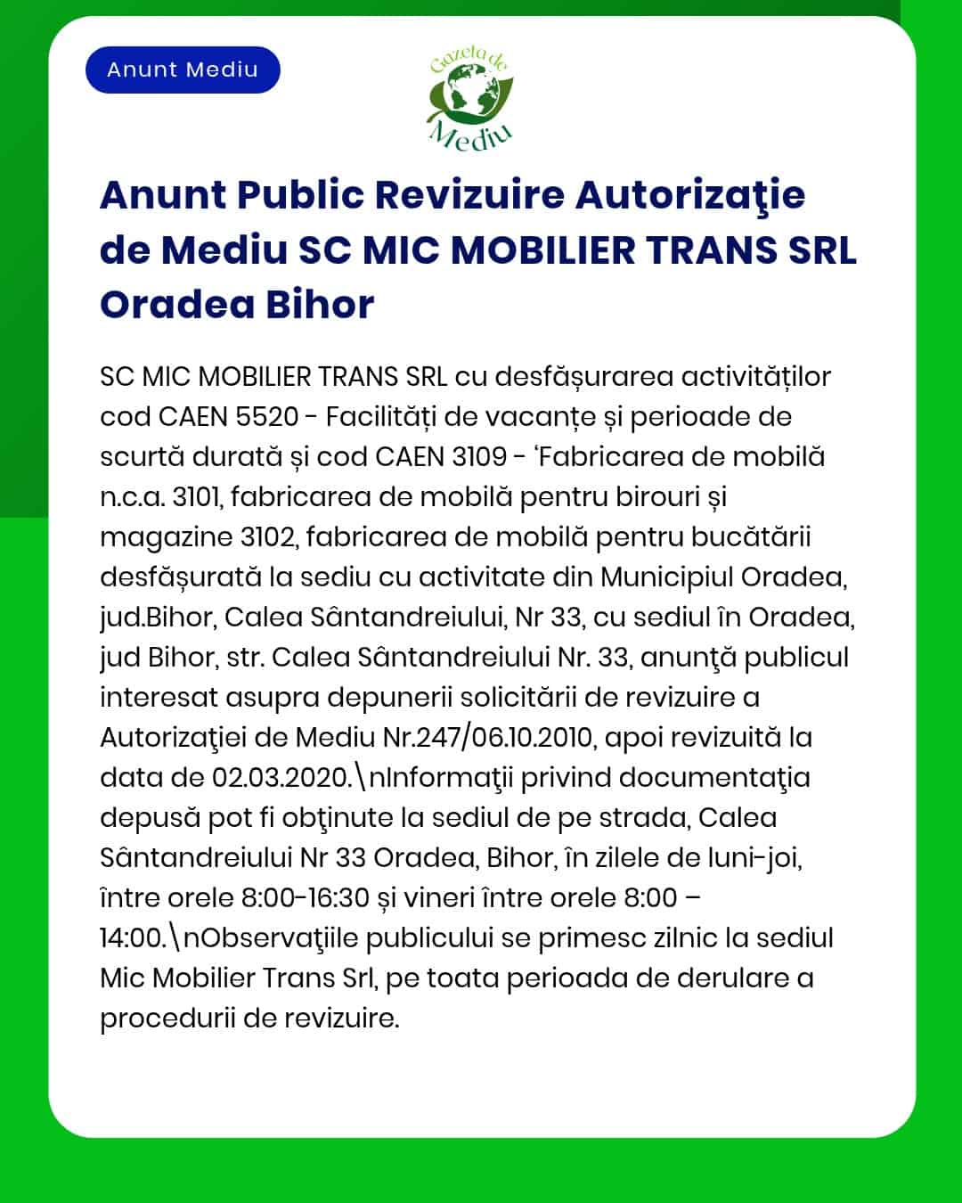 Anunt Public Revizuire Autorizaţie de Mediu SC MIC MOBILIER