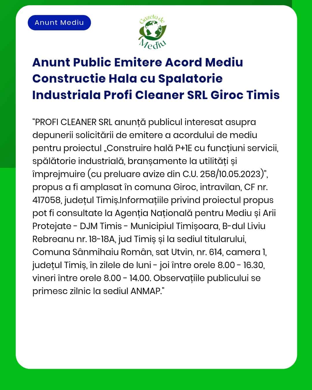 Anunt Public Emitere Acord Mediu Constructie Hala cu
