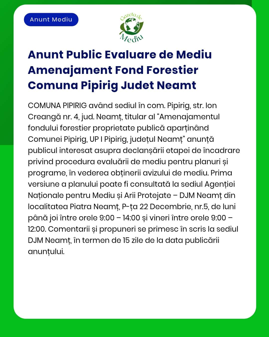 Anunt Public Evaluare de Mediu Amenajament Fond Forestier
