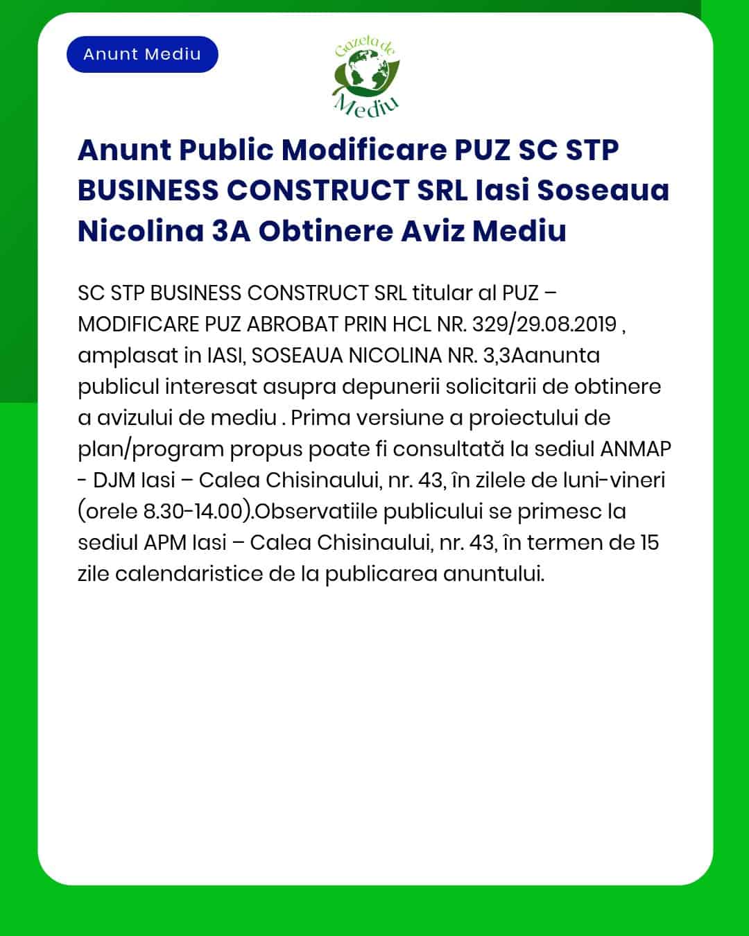 Anunt Public Modificare PUZ SC STP BUSINESS CONSTRUCT SRL