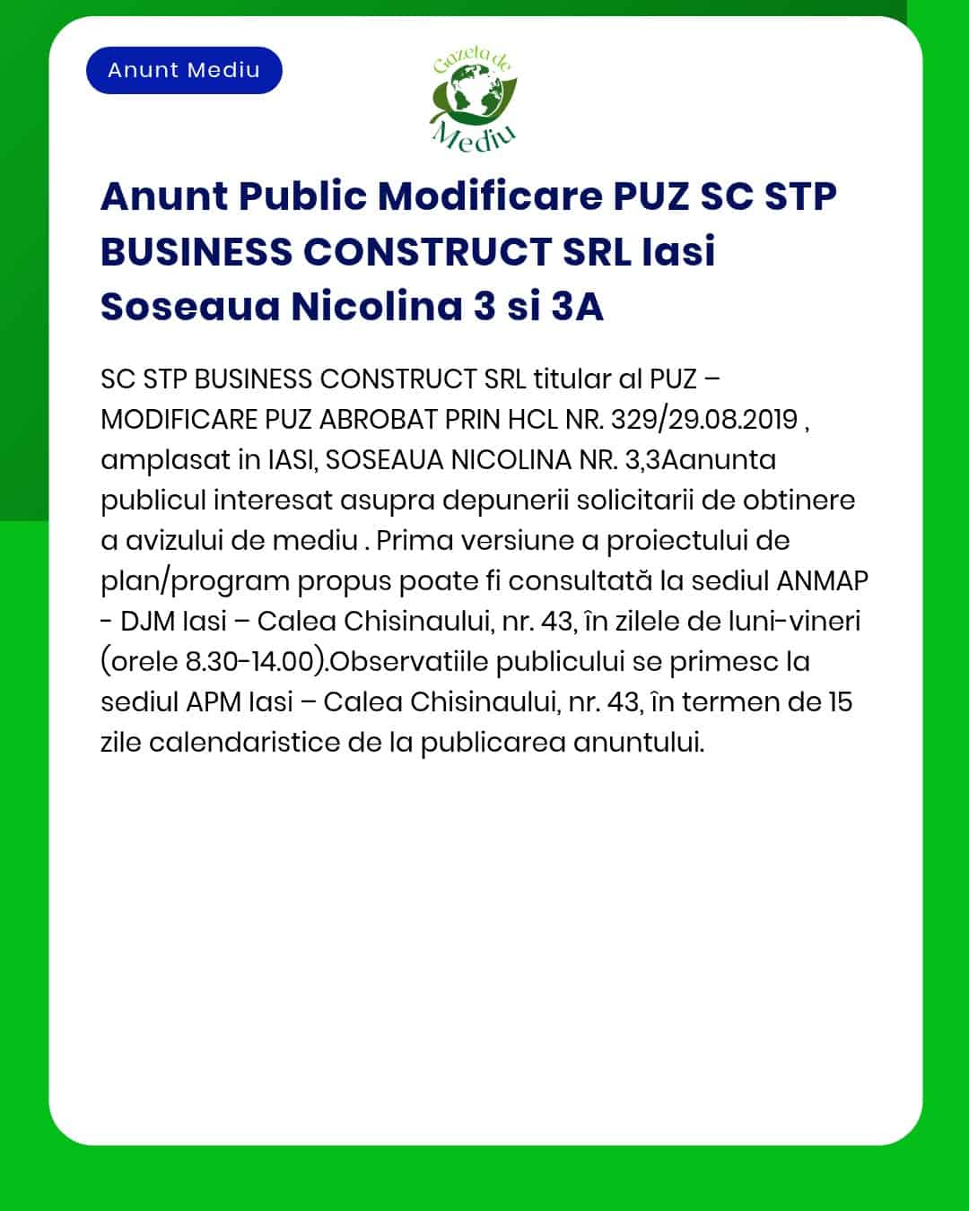 Anunt Public Modificare PUZ SC STP BUSINESS CONSTRUCT SRL