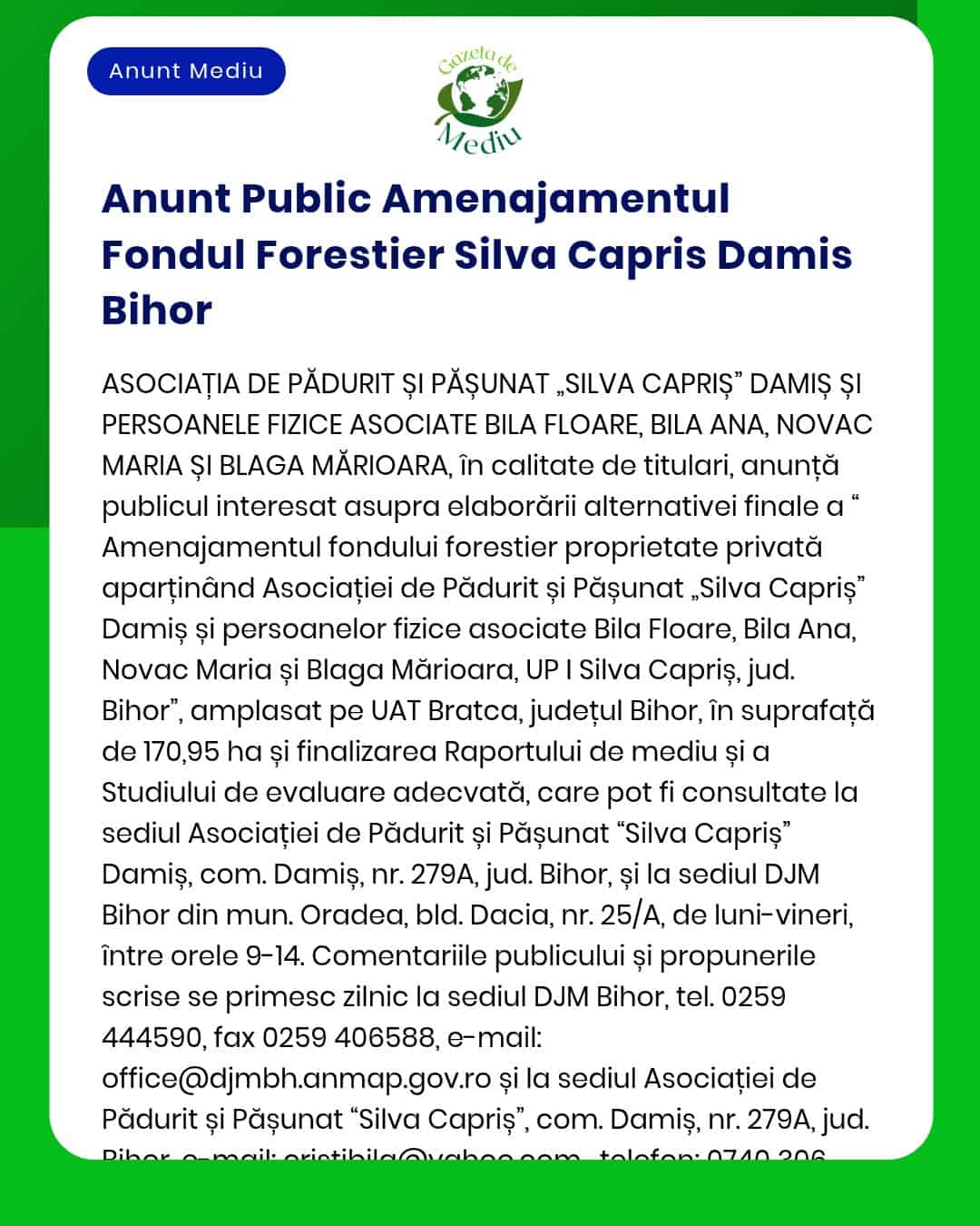 Anunt Public Amenajamentul Fondul Forestier Silva Capris