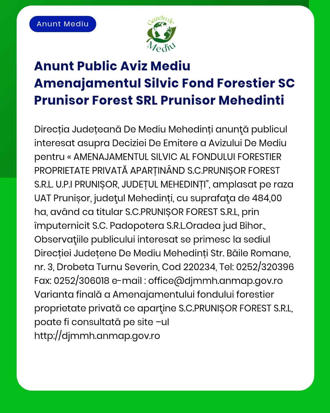 Anunt Public Aviz Mediu Amenajamentul Silvic Fond Forestier